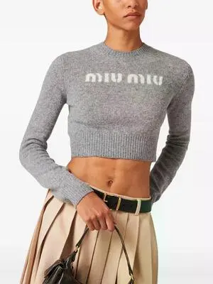 Miu Miu Wool And Cashmere Cropped Sweater With Intarsia Logo