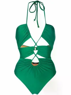 NOIRE SWIMWEAR Gathered Cut-out Halterneck Swimsuit - Green