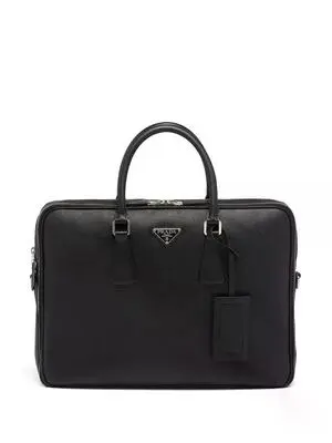 Prada Saffiano Leather Briefcase With Enamel Triangle Logo - Black