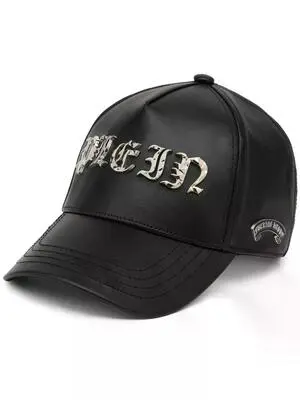 Philipp Plein Baseball Cap With Faux Leather Metal Lettering - Black