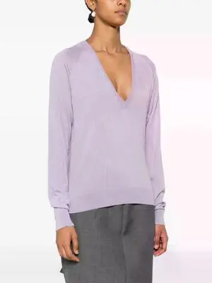 LANVIN Pointelle Trim V-neck Fine Knit Sweater - Purple