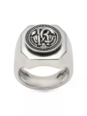 Roberto Cavalli Embossed Hexagonal Signet Ring - Silver