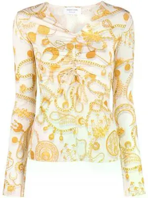 MARINE SERRE Graphic Print Long Sleeve V-neck Top - Neutrals