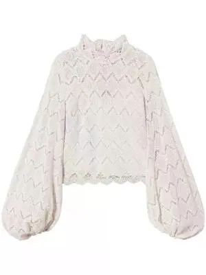 TWINSET Lace Mock Neck Balloon Sleeve Blouse - Neutrals