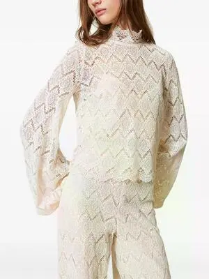 TWINSET Lace Mock Neck Balloon Sleeve Blouse - Neutrals