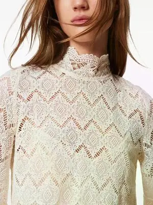 TWINSET Lace Mock Neck Balloon Sleeve Blouse - Neutrals