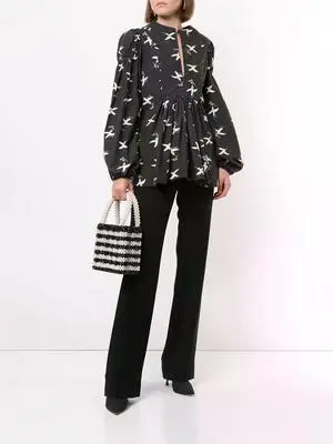 MACGRAW Bird Print Puff Sleeve Blouse