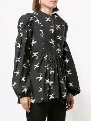 MACGRAW Bird Print Puff Sleeve Blouse