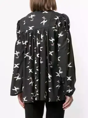 MACGRAW Bird Print Puff Sleeve Blouse