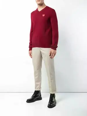 Play Comme Des Garcon V-neck Sweater With Heart Appliqu - Red