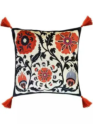 LES-OTTOMANS Floral-print Tassel Cushion - White