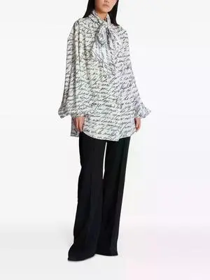 Balmain Script Print Pussy-bow Blouse - White