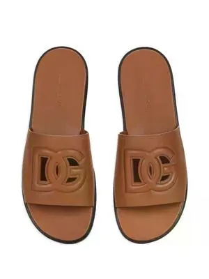 Dolce & Gabbana Embossed-logo Leather Slides - Brown
