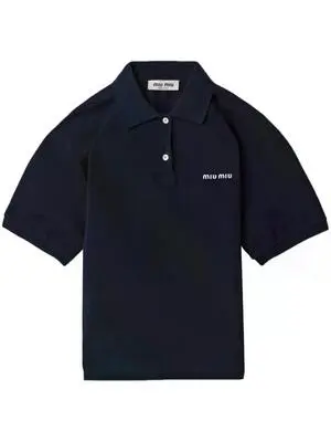Miu Miu Cotton Piqué Polo Shirt With Embroidered Logo - Blue
