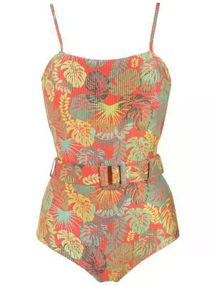 AMIR SLAMA Palm Leaf Print Belted Swimsuit - Red