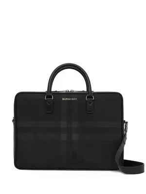 Burberry Check Print Leather Briefcase - Black