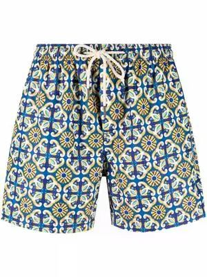 PENINSULA SWIMWEAR Tile-print Drawstring Swim Shorts - Blue