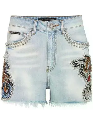 Philipp Plein Tattoo Stud-embellished Denim Shorts