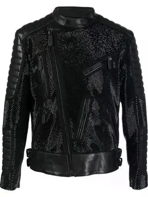 Philipp Plein Crystal Embellished Leather Biker Jacket