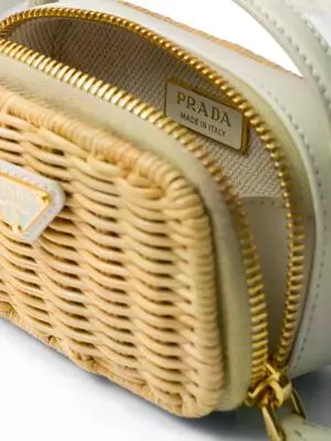Prada Logo-plaque Woven-wicker Mini Pouch - Neutrals