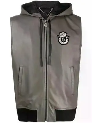 BILLIONAIRE Sleeveless Hooded Leather Zip Vest