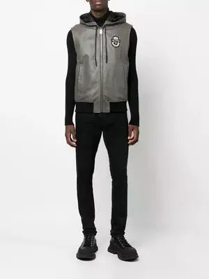 BILLIONAIRE Sleeveless Hooded Leather Zip Vest