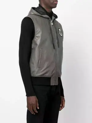 BILLIONAIRE Sleeveless Hooded Leather Zip Vest