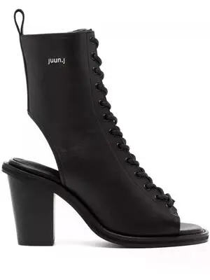 JUUN.J Open-toe Leather Lace-up Block Heel Boots