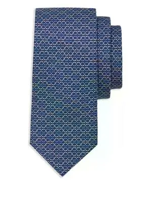 FERRAGAMO Gancini Print Silk Neck Tie - Blue