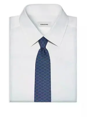 FERRAGAMO Gancini Print Silk Neck Tie - Blue