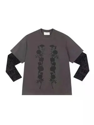 SONG FOR THE MUTE Foliage-print Double-layered T-shirt - Grey