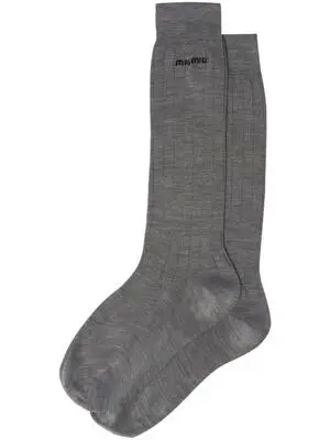 Miu Miu Ribbed Knit Silk Blend Socks - Grey