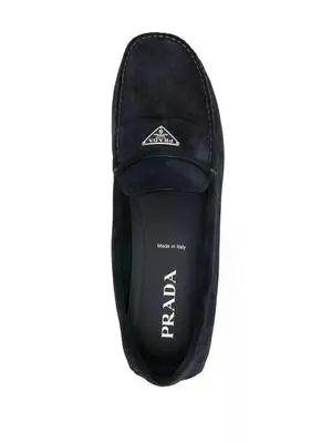 Prada Enamel Triangle Logo Suede Loafers