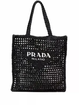 Prada Logo Embroidered Crochet Tote Bag - Black