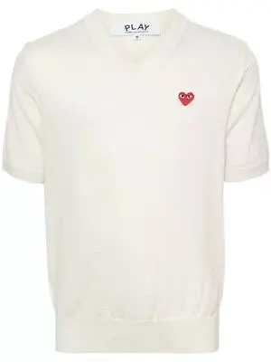 Play Comme Des Garcon Fine Knit V-neck Jumper With Heart Patch - White
