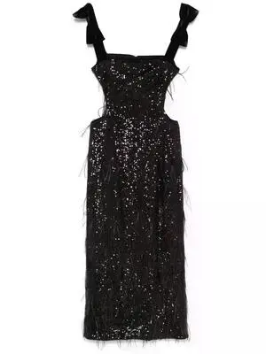NISSA Feather-detailing Sequined Midi Dress - Black