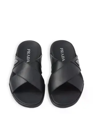 Prada Criss-cross Leather Sandals With Enamelled Triangle Logo