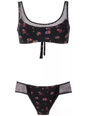 AMIR SLAMA Mesh Panels Printed Bikini Set - Black
