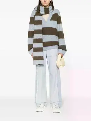 B+AB Stripe-pattern V-neck Jumper With Attached Scarf - Blue