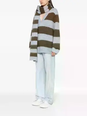 B+AB Stripe-pattern V-neck Jumper With Attached Scarf - Blue
