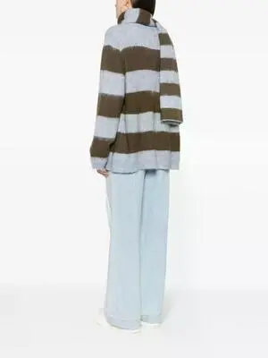 B+AB Stripe-pattern V-neck Jumper With Attached Scarf - Blue