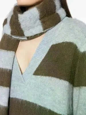 B+AB Stripe-pattern V-neck Jumper With Attached Scarf - Blue