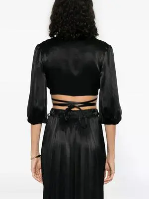 MOUTAKI Satin V-neck Cropped Blouse With Tie Fastening - Black