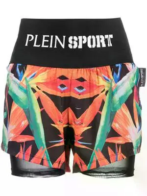 PLEIN SPORT Floral-print Double-layered Cotton Running Shorts - Black