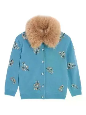Valentino Garavani Embroidered Wool Cardigan With Faux-fur Collar