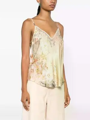 Camilla V-neck Floral Print Silk Top With Lace Trim