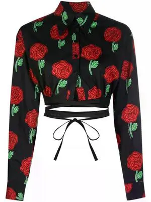 Versace Floral-print Cropped Blouse - Black