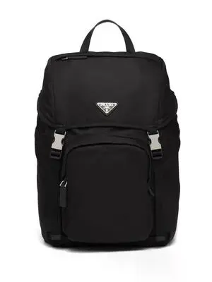 Prada Logo Plaque Drawstring Backpack - Black