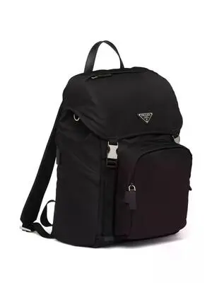 Prada Logo Plaque Drawstring Backpack - Black