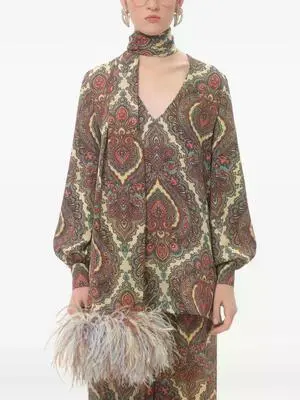 Valentino Garavani Voyage Imaginaire Cashmere-print Blouse With Feather Trim
